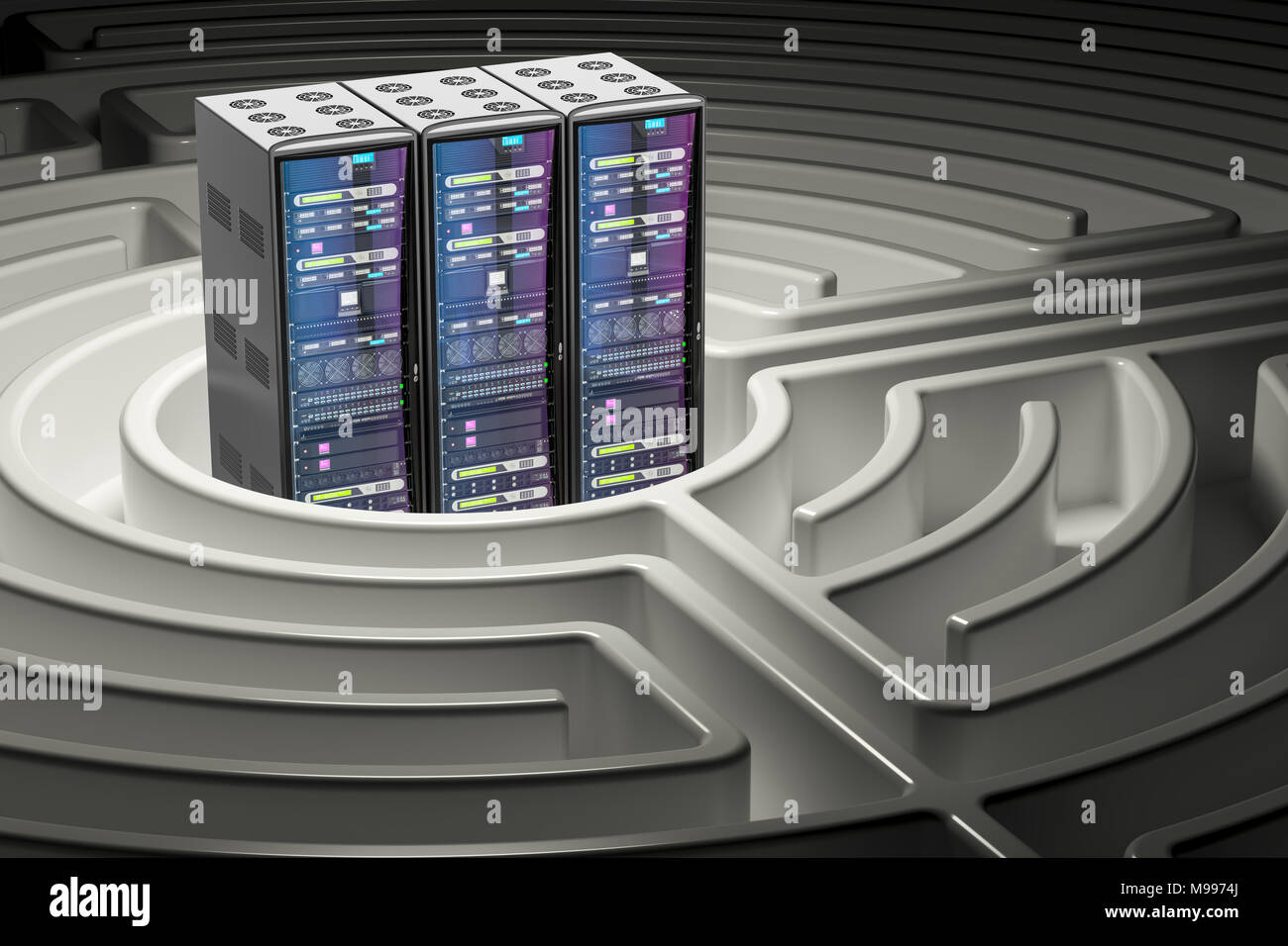 Computer Server Racks inside labyrinth maze, 3D rendering Stock Photo ...