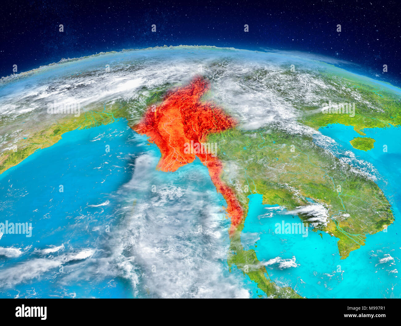 Orbit view of Myanmar highlighted in red on planet Earth with highly ...