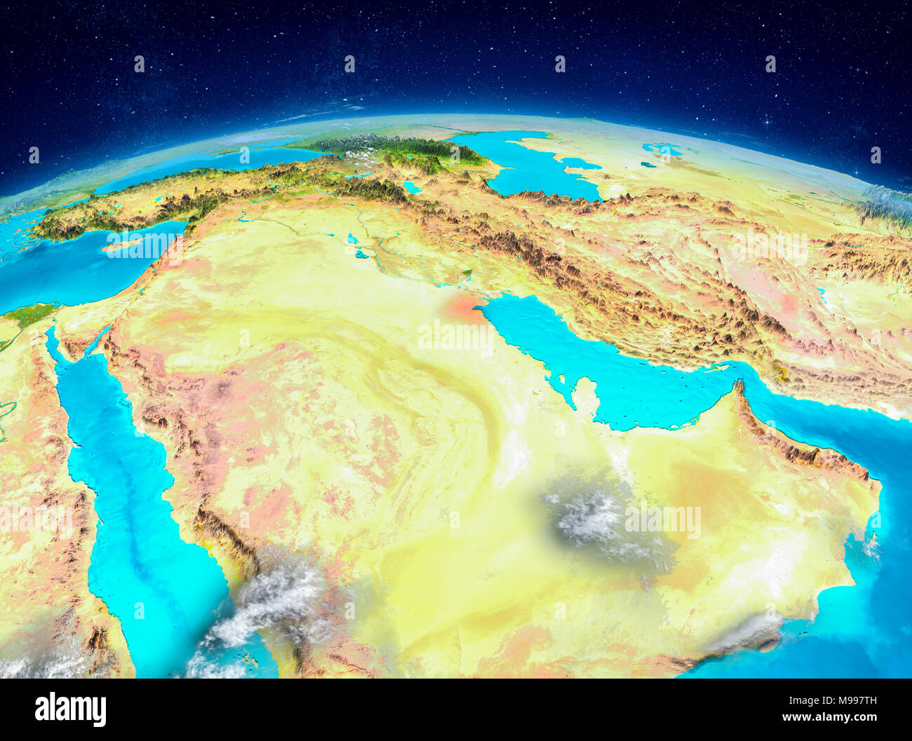 Orbit view of Kuwait highlighted in red on planet Earth with highly ...