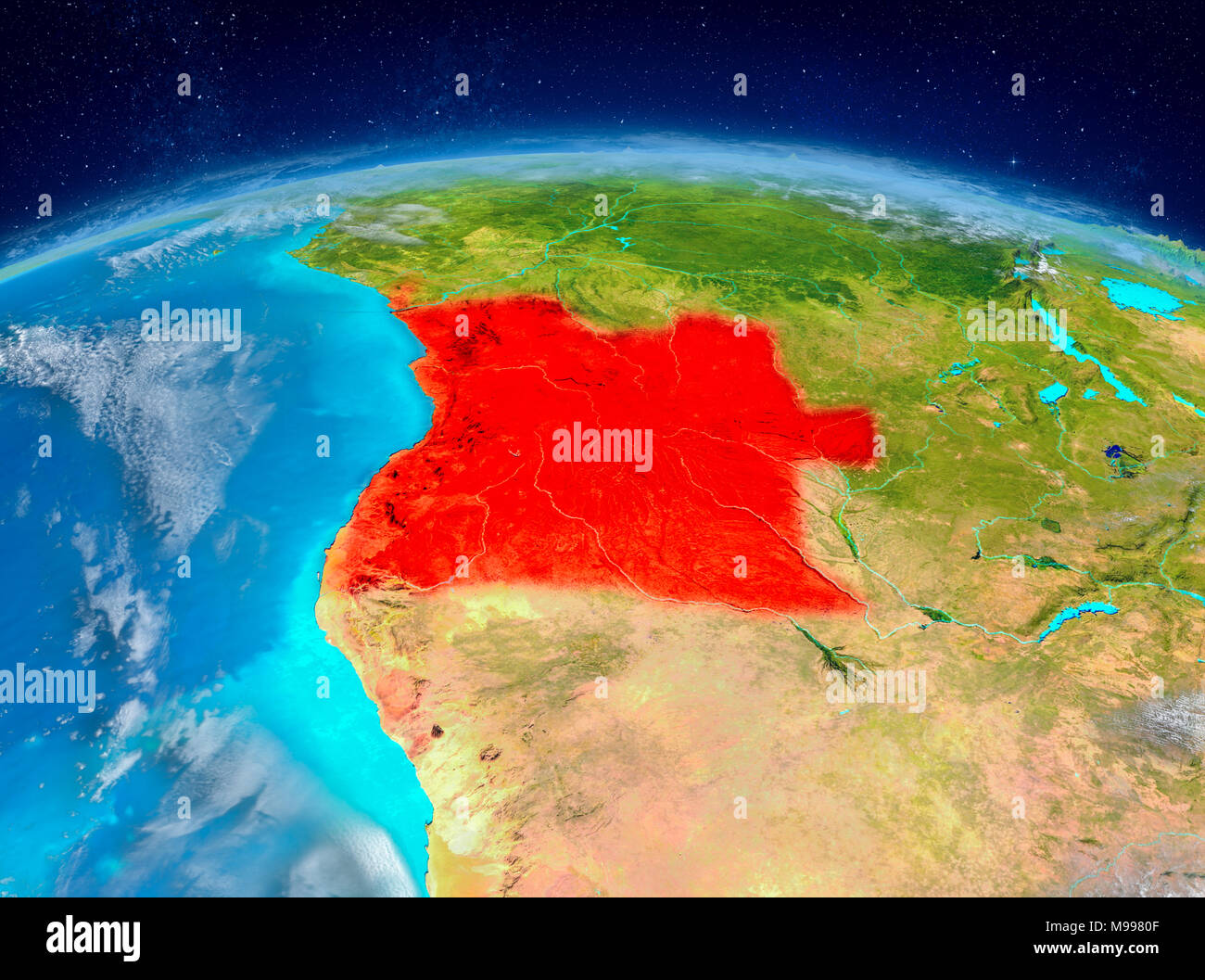 Orbit view of Angola highlighted in red on planet Earth with highly detailed surface textures ...