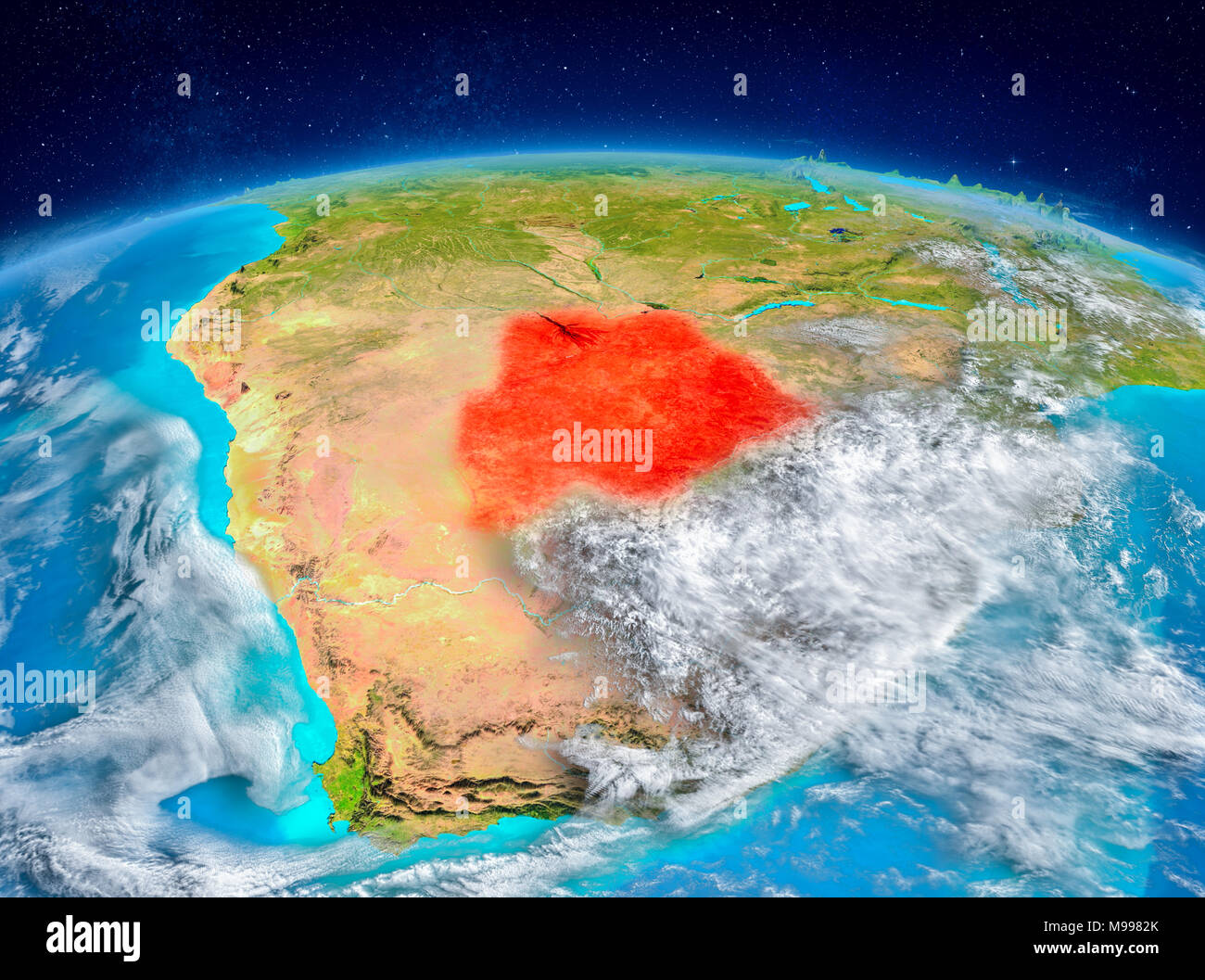 Orbit view of Botswana highlighted in red on planet Earth with highly ...
