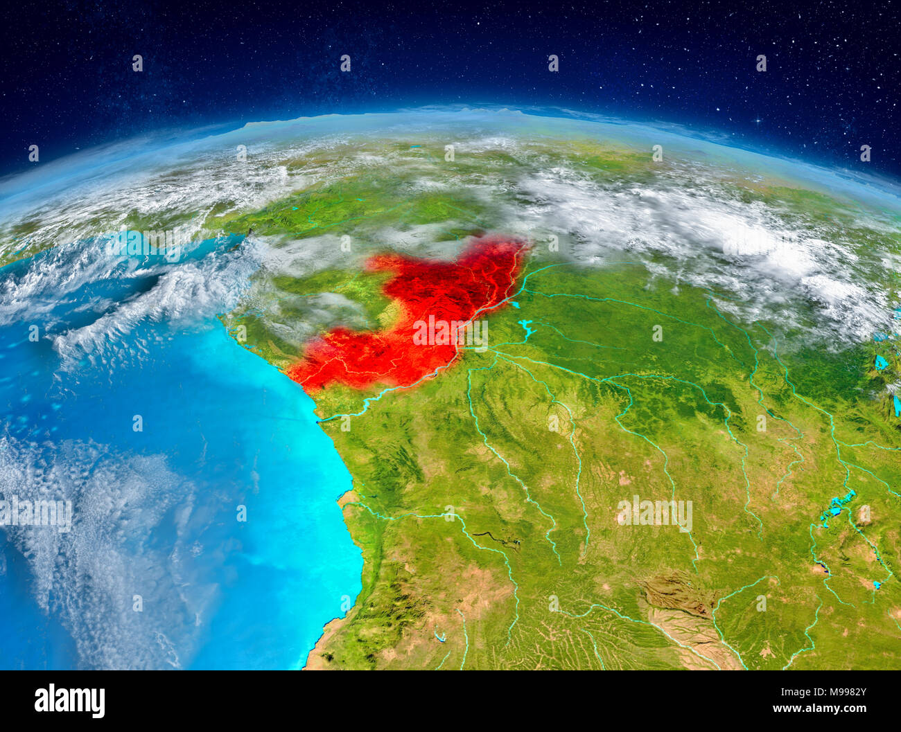 Orbit view of Congo highlighted in red on planet Earth with highly ...