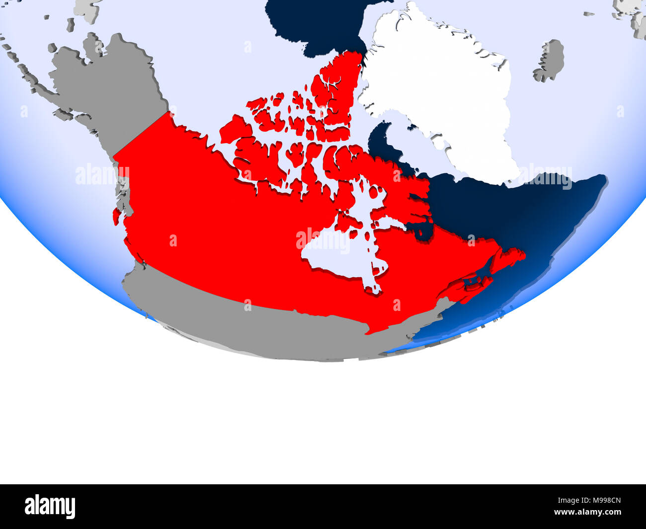 Canada on 3D model of political globe with transparent oceans. 3D ...