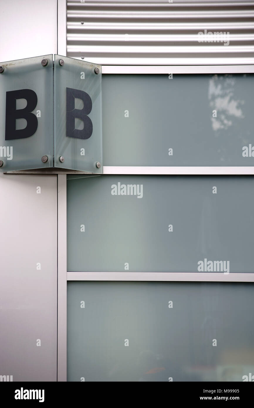 The architectural detail of a modern school building labeled B Stock ...