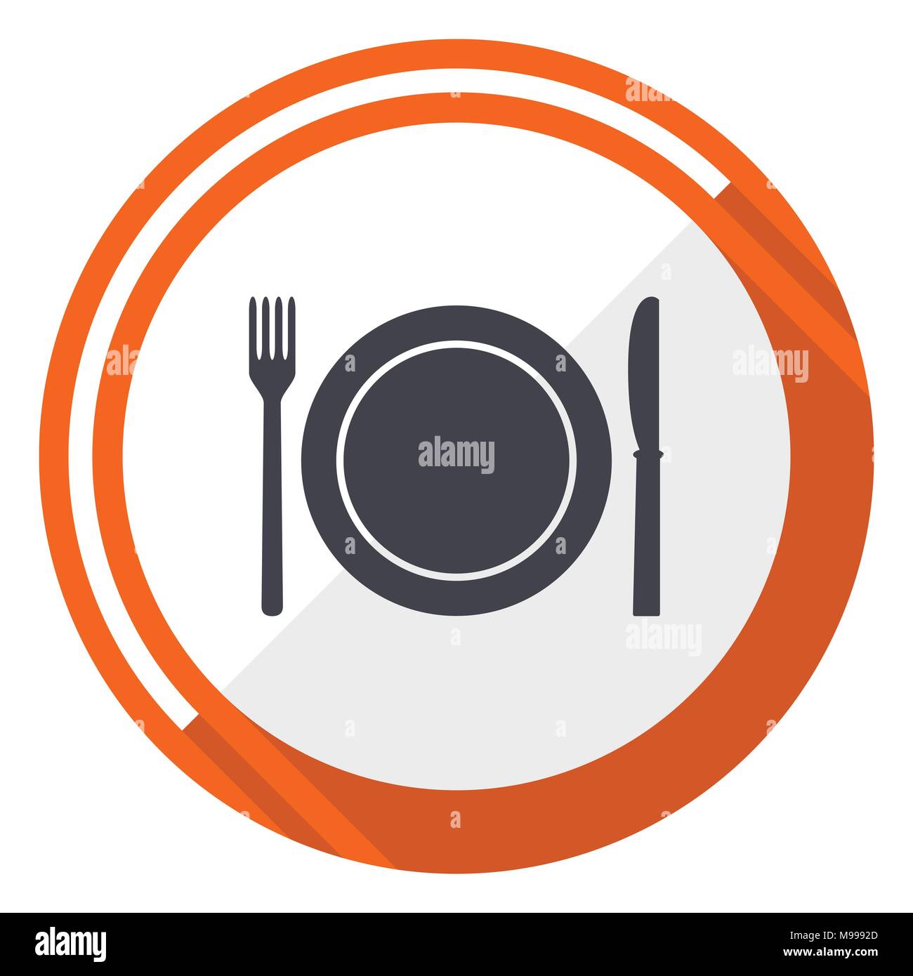 Restaurant flat design vector web icon. Round orange internet button ...
