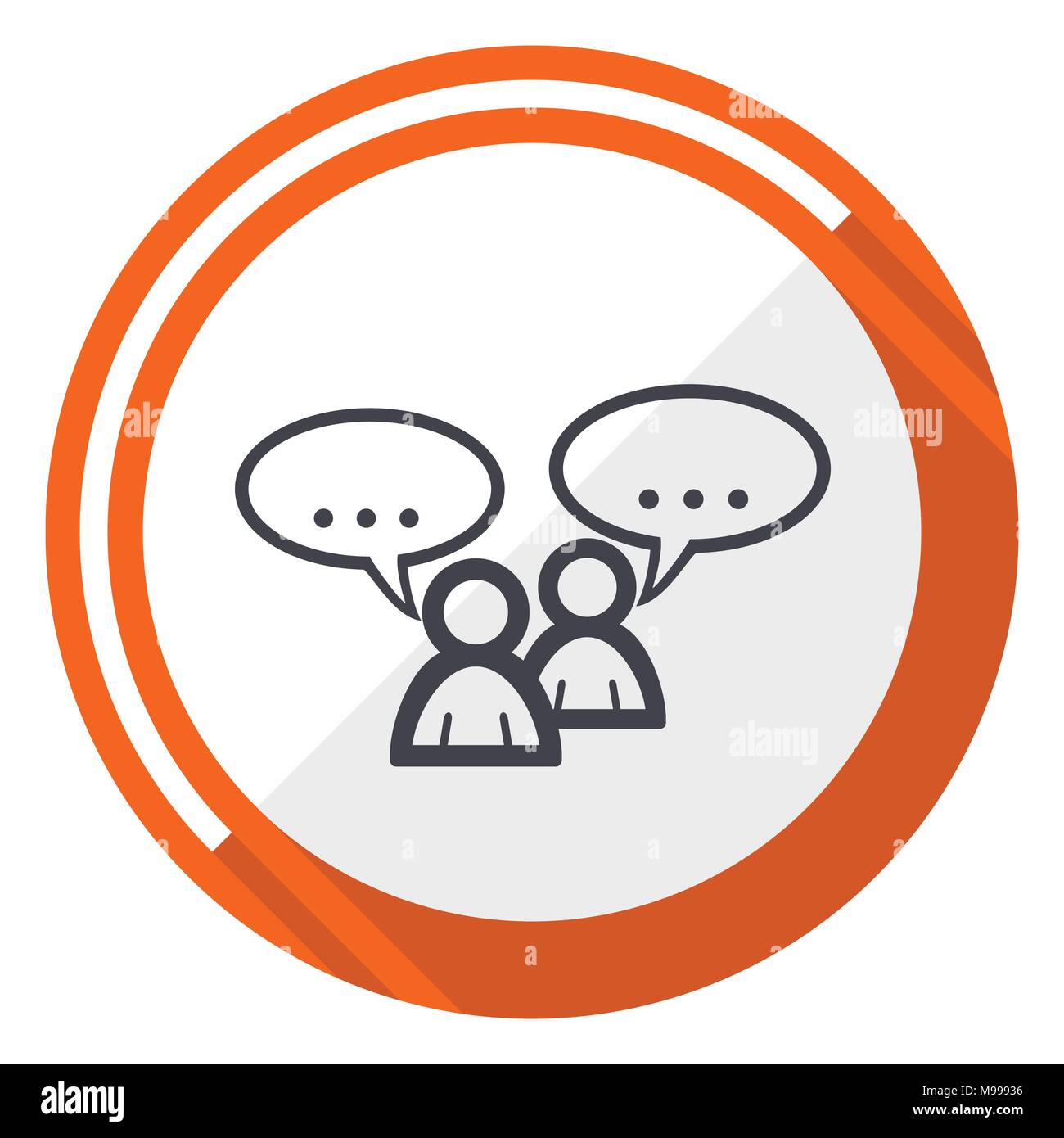 Forum flat design vector web icon. Round orange internet button ...