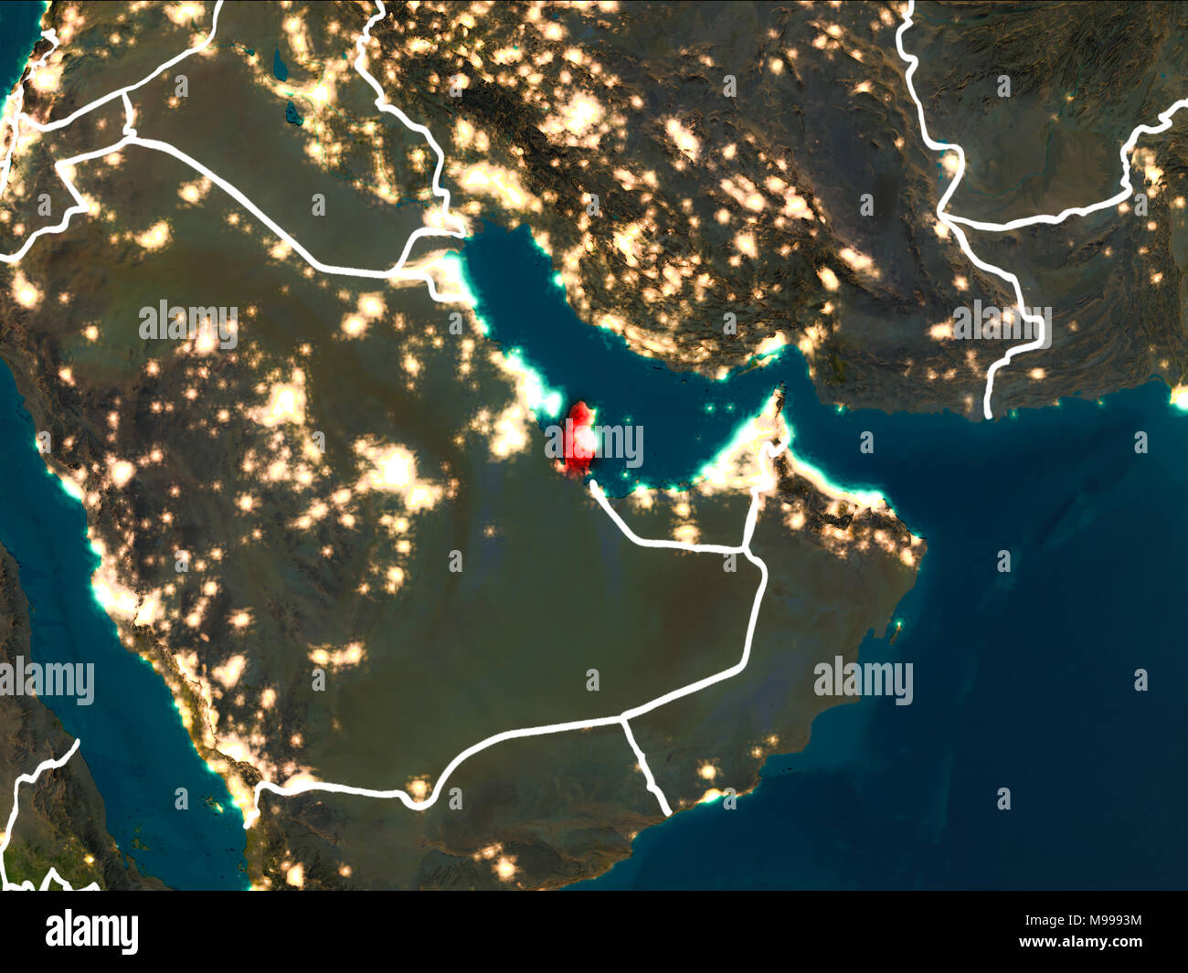 Qatar highlighted in red from Earth’s orbit at night with visible ...