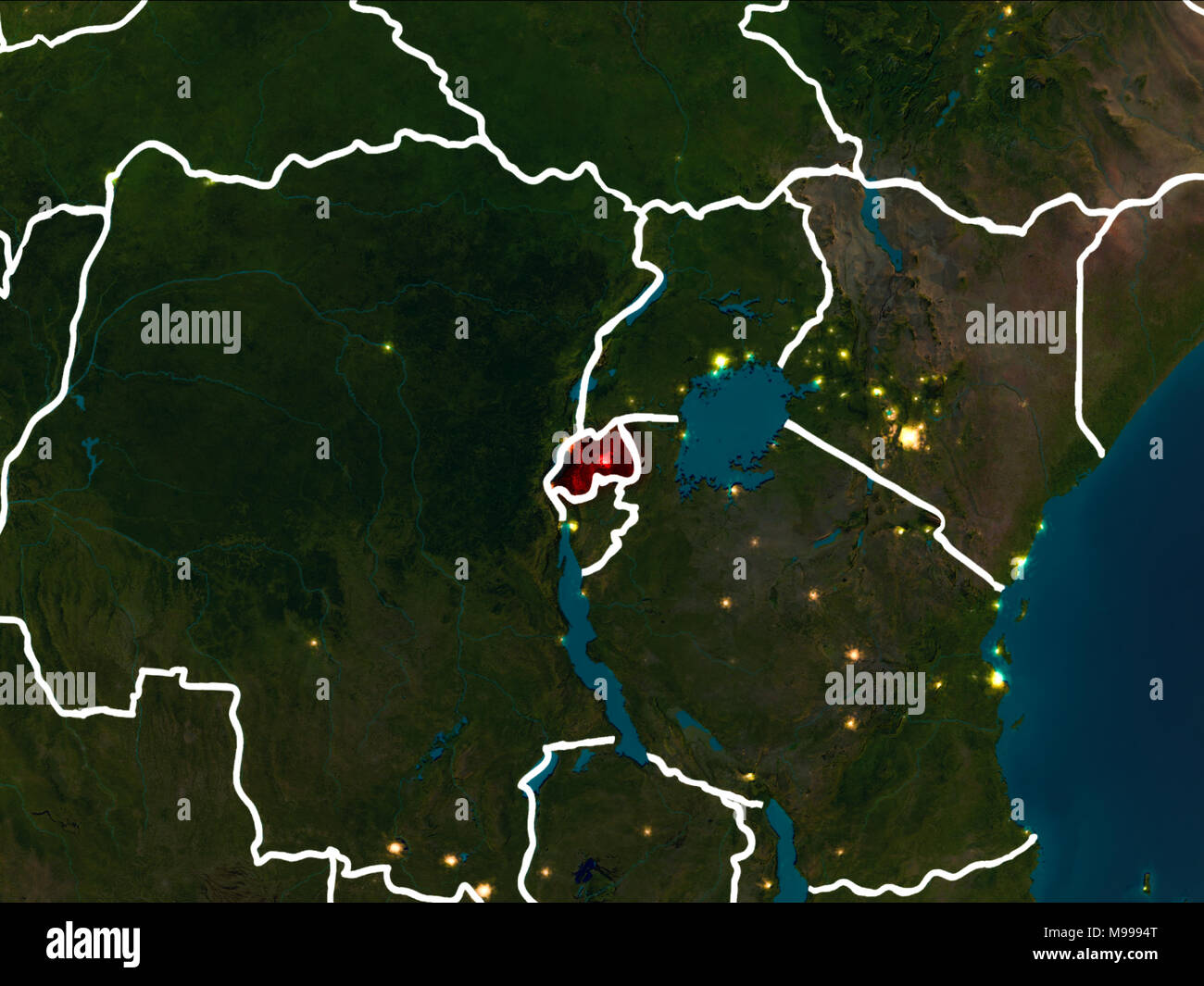 Rwanda highlighted in red from Earth’s orbit at night with visible ...