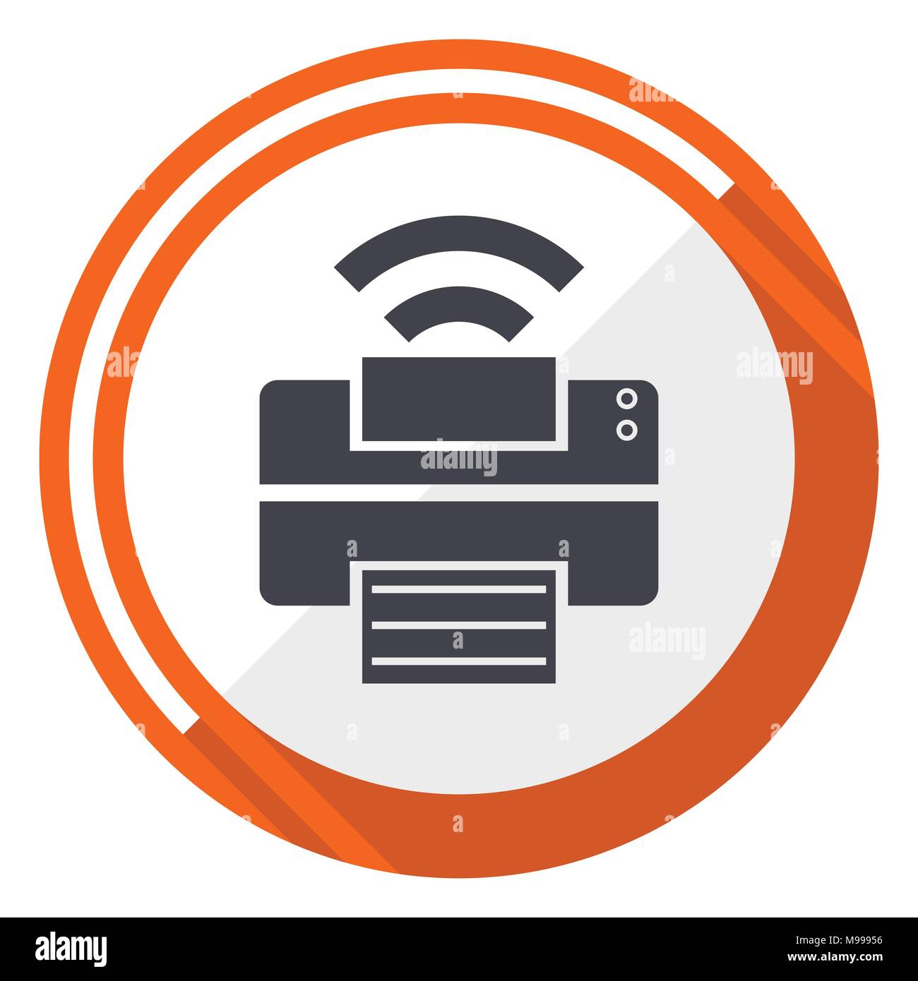 Printer flat design vector web icon. Round orange internet button ...