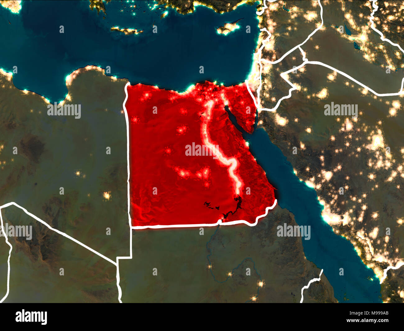 Egypt highlighted in red from Earth’s orbit at night with visible ...