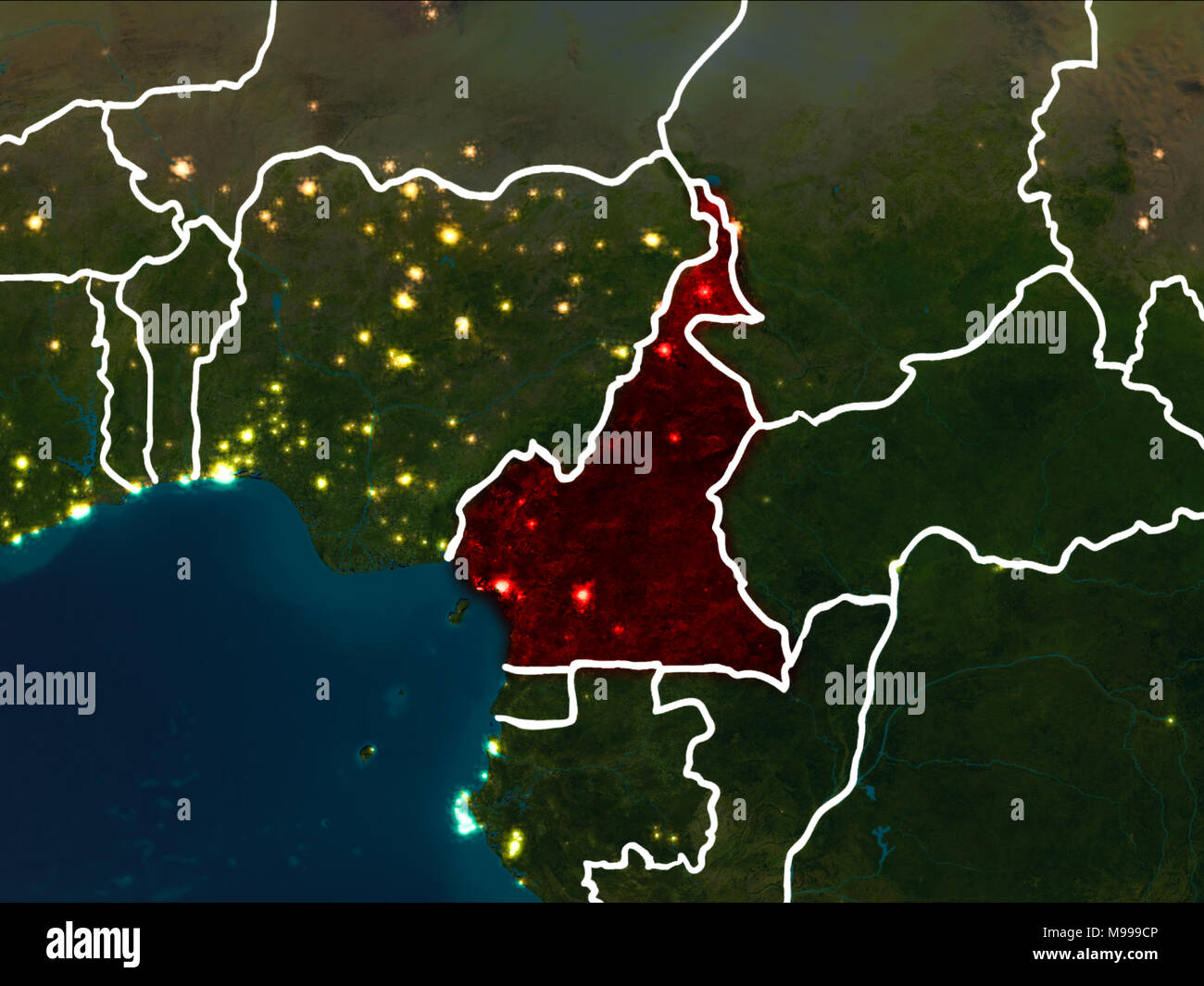 Cameroon highlighted in red from Earth’s orbit at night with visible ...