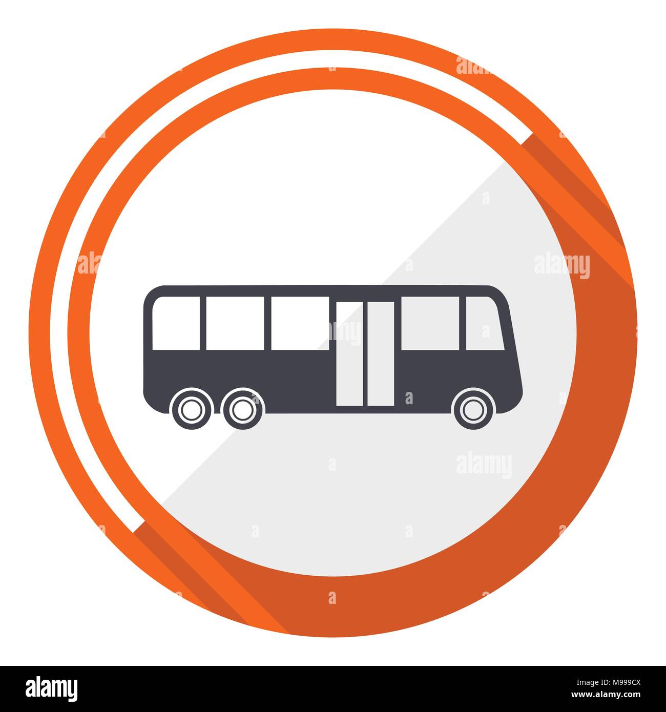 Bus flat design vector web icon. Round orange internet button isolated ...