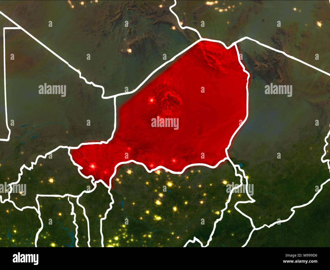 Niger highlighted in red from Earth’s orbit at night with visible ...