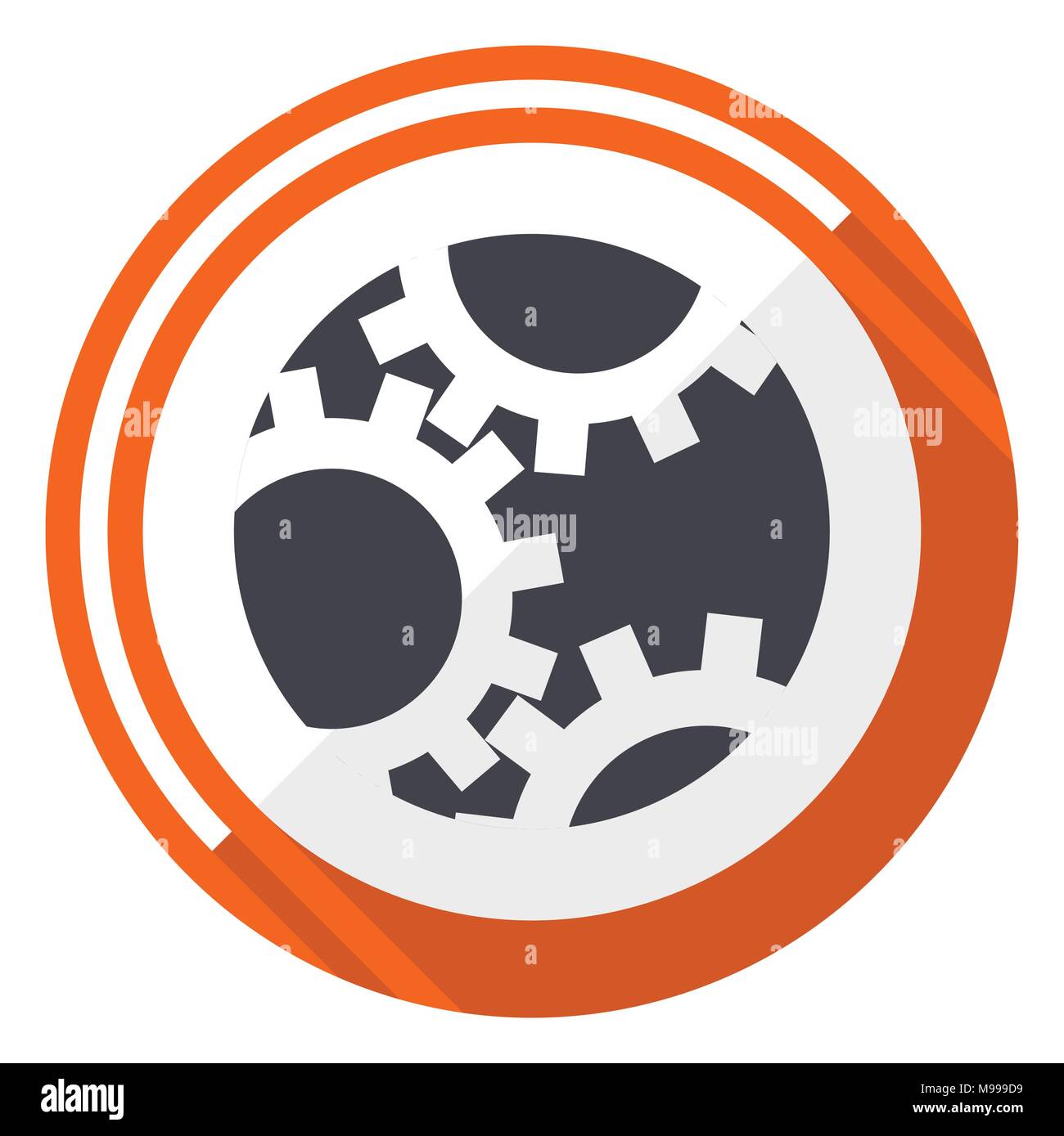 Gear flat design vector web icon. Round orange internet button isolated ...