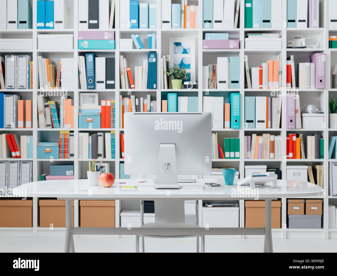 Professional creative contemporary workspace with computer on a desk ...