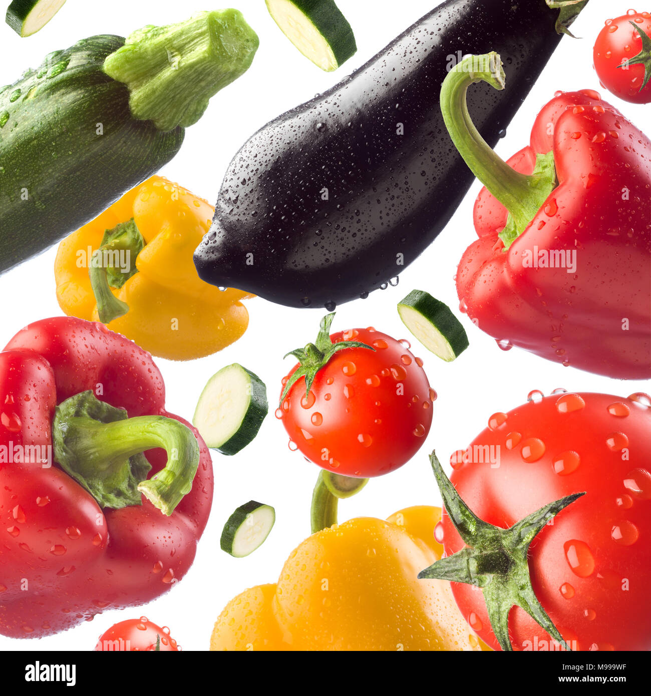 Fresh healthy vegetables falling on white background, healthy eating ...