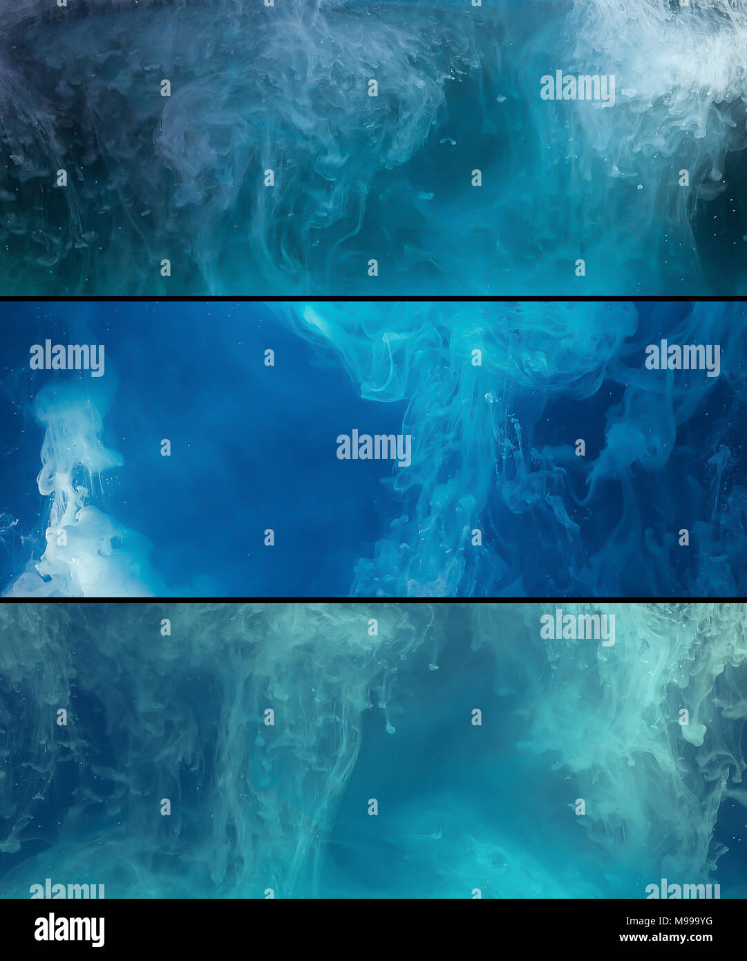 White paint spill flowing in blue water, abstract background, banner ...