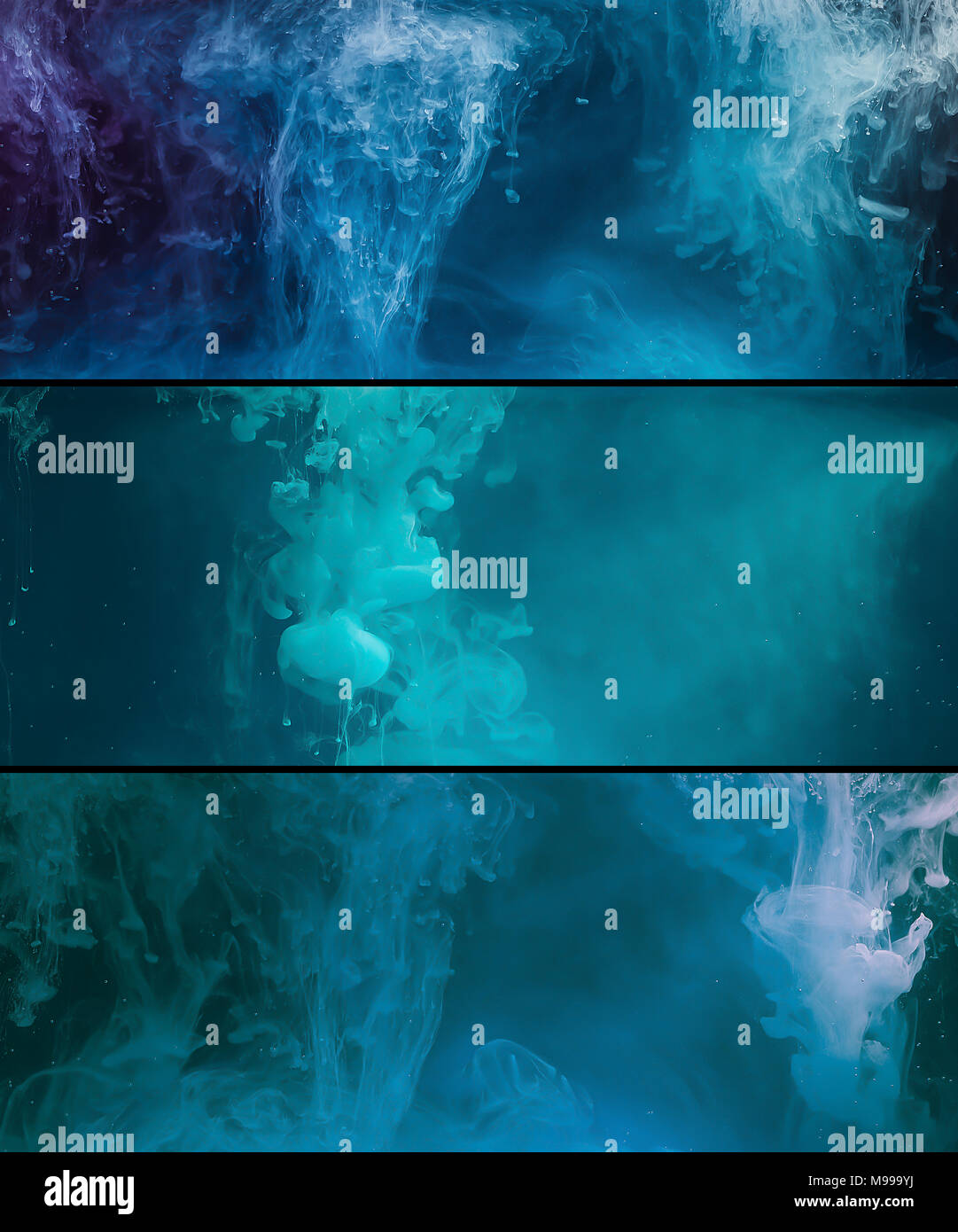 White paint spill flowing in blue water, abstract background, banner ...