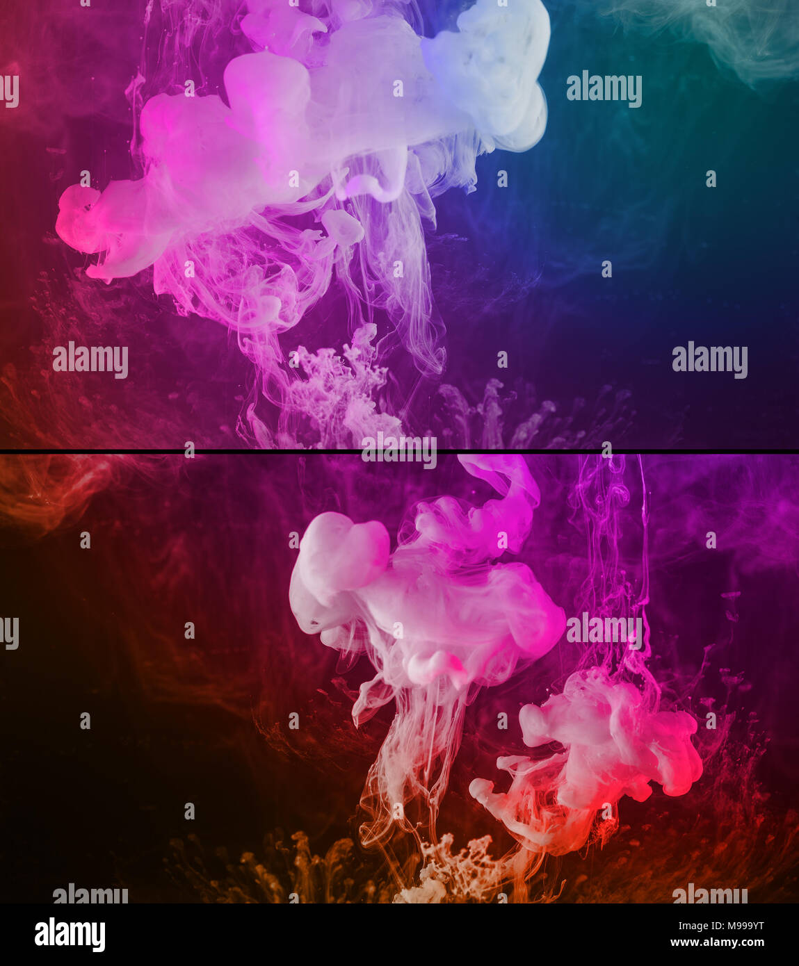 White paint spill flowing and swirling into a colorful liquid, abstract ...