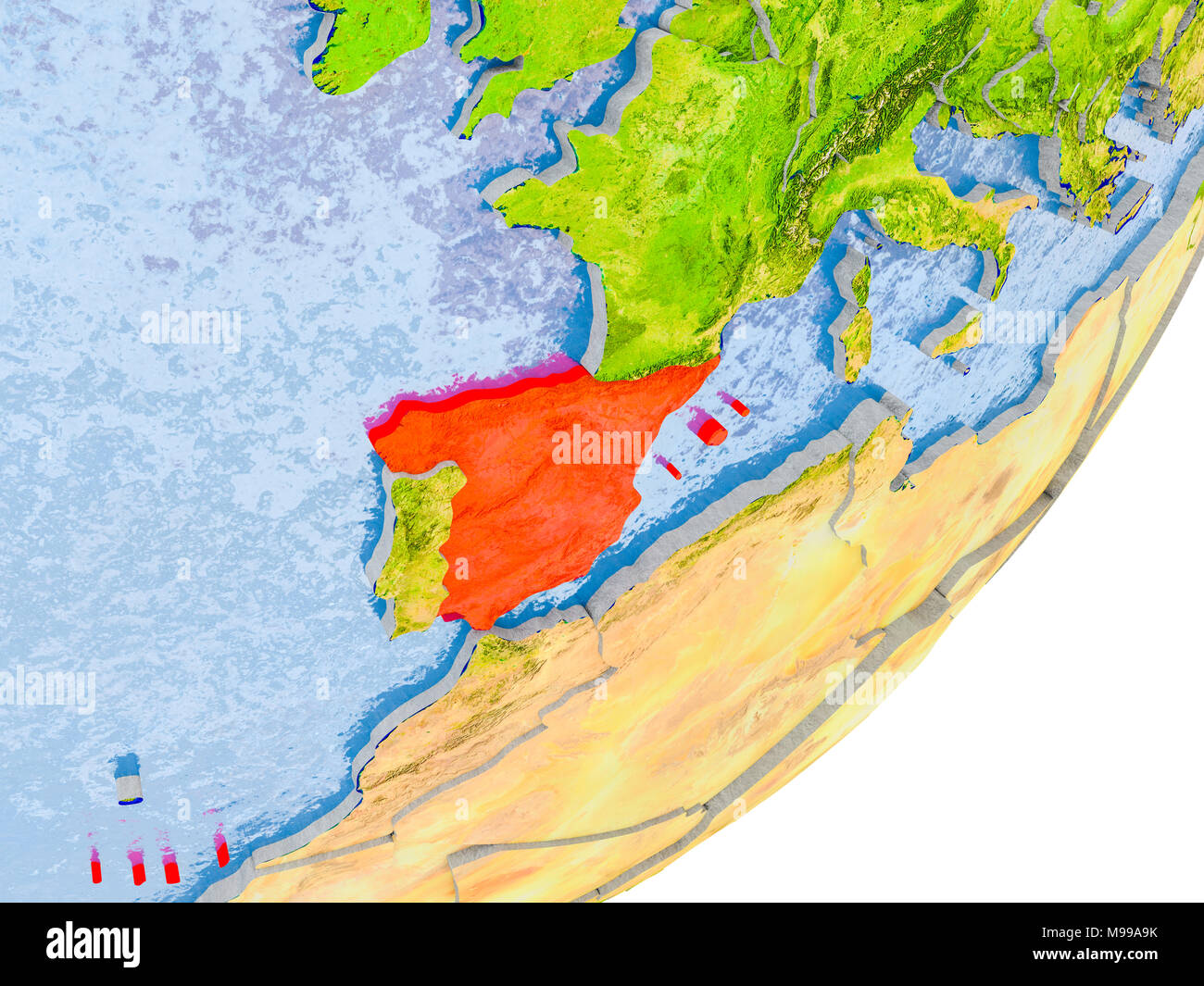 3D render of Spain on political globe with embossed countries with real ...