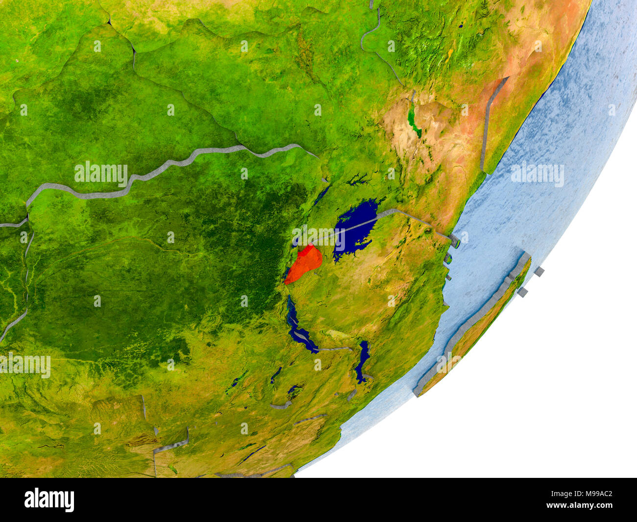 3D render of Rwanda on political globe with embossed countries with ...