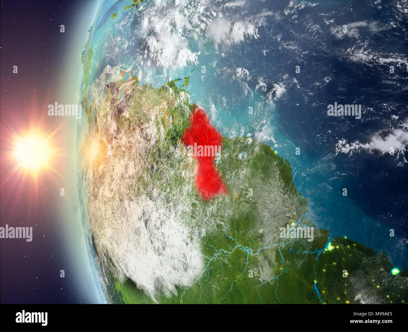 Guyana as seen from space on planet Earth during sunset. 3D ...