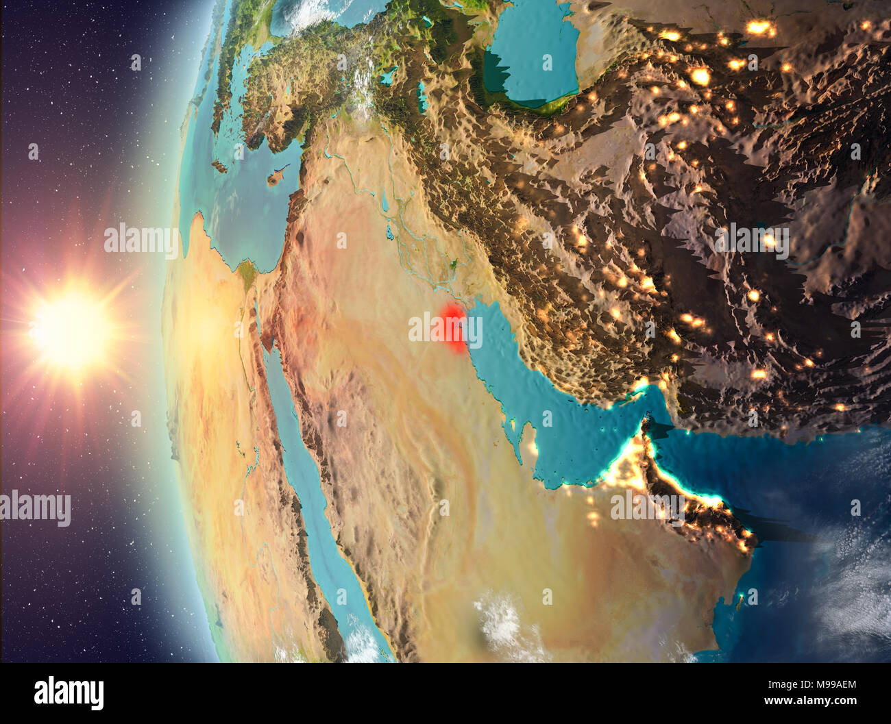 Kuwait as seen from space on planet Earth during sunset. 3D ...