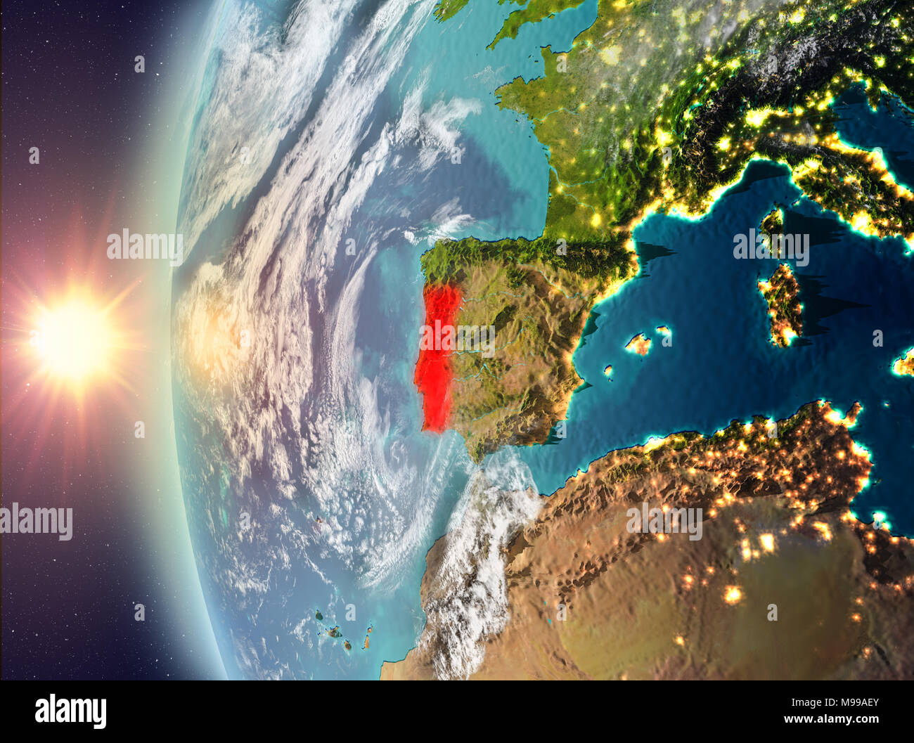 Portugal as seen from space on planet Earth during sunset. 3D ...