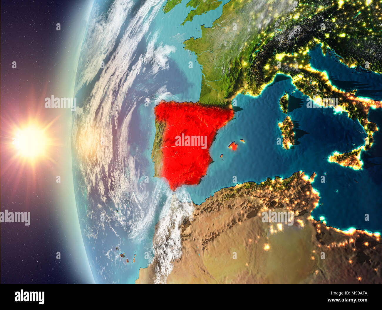 Spain as seen from space on planet Earth during sunset. 3D illustration ...