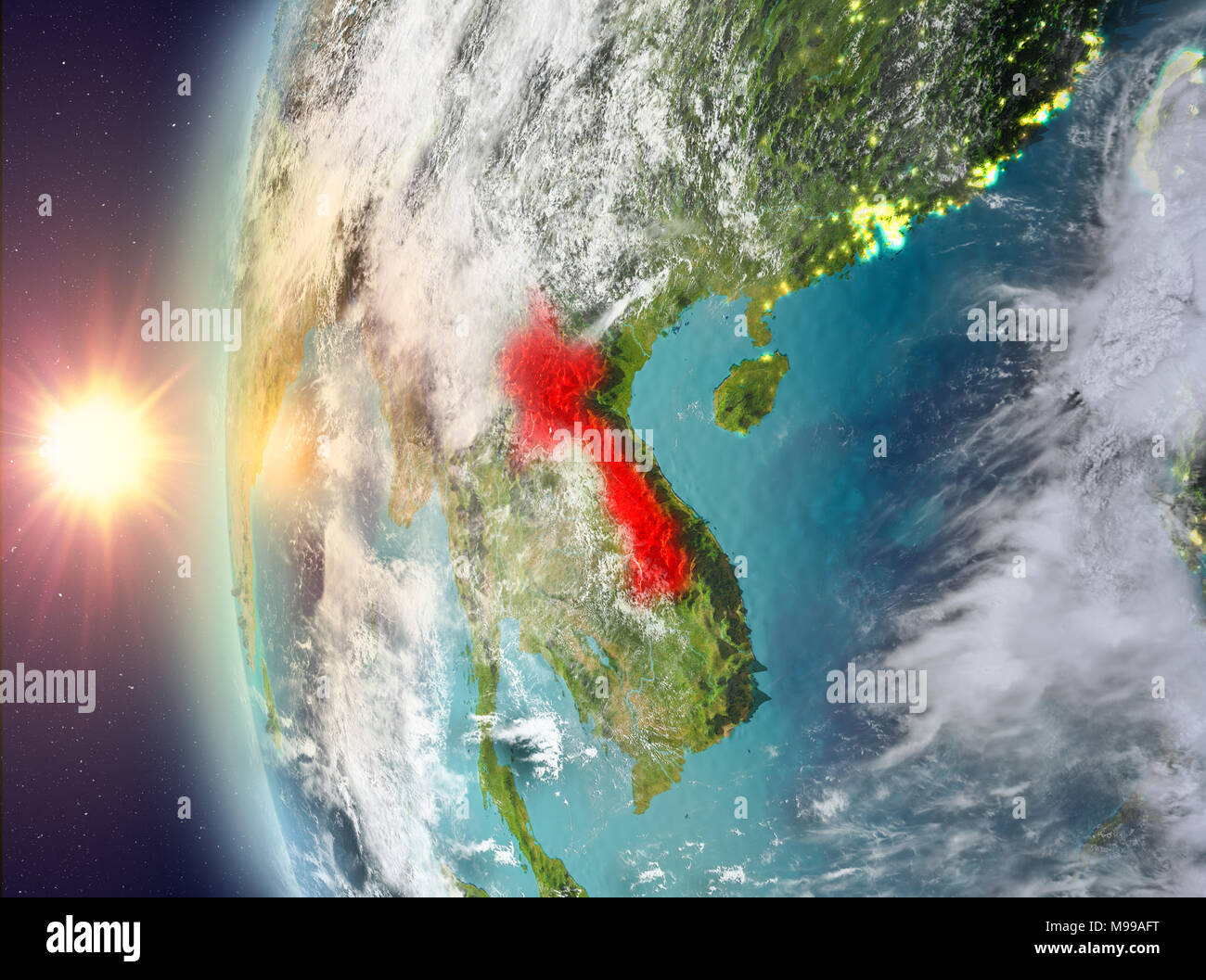 Laos as seen from space on planet Earth during sunset. 3D illustration ...