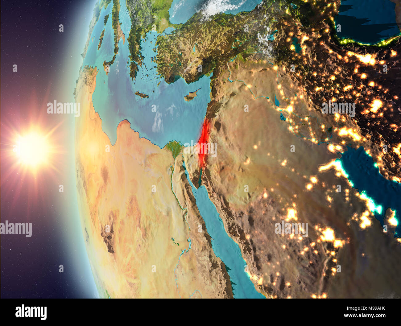Israel as seen from space on planet Earth during sunset. 3D ...