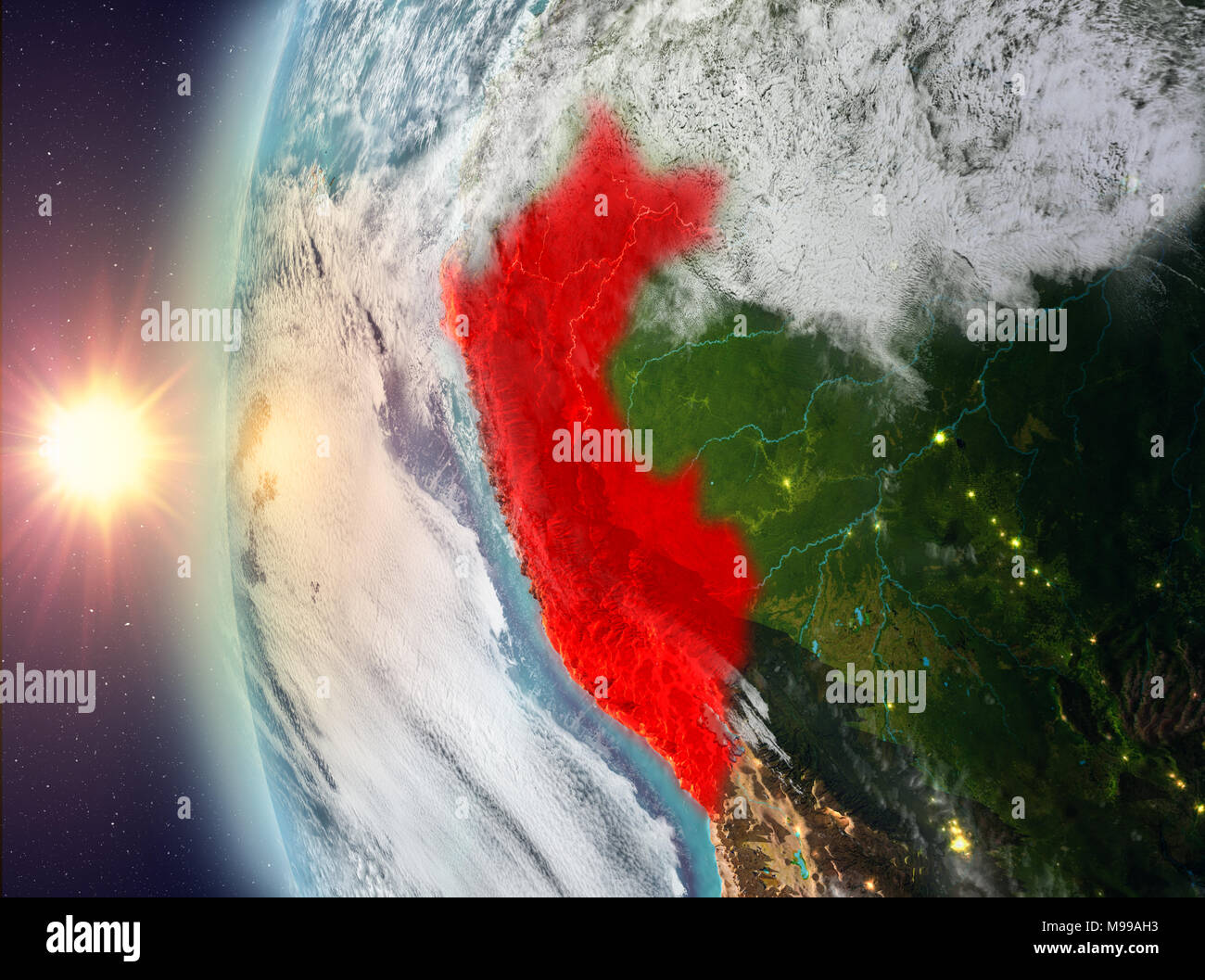 Peru as seen from space on planet Earth during sunset. 3D illustration ...