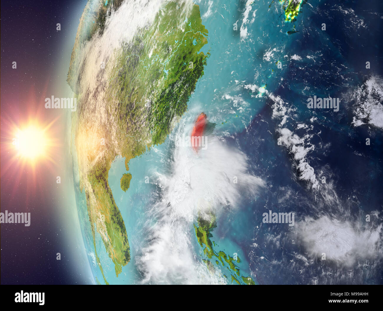 Taiwan as seen from space on planet Earth during sunset. 3D ...