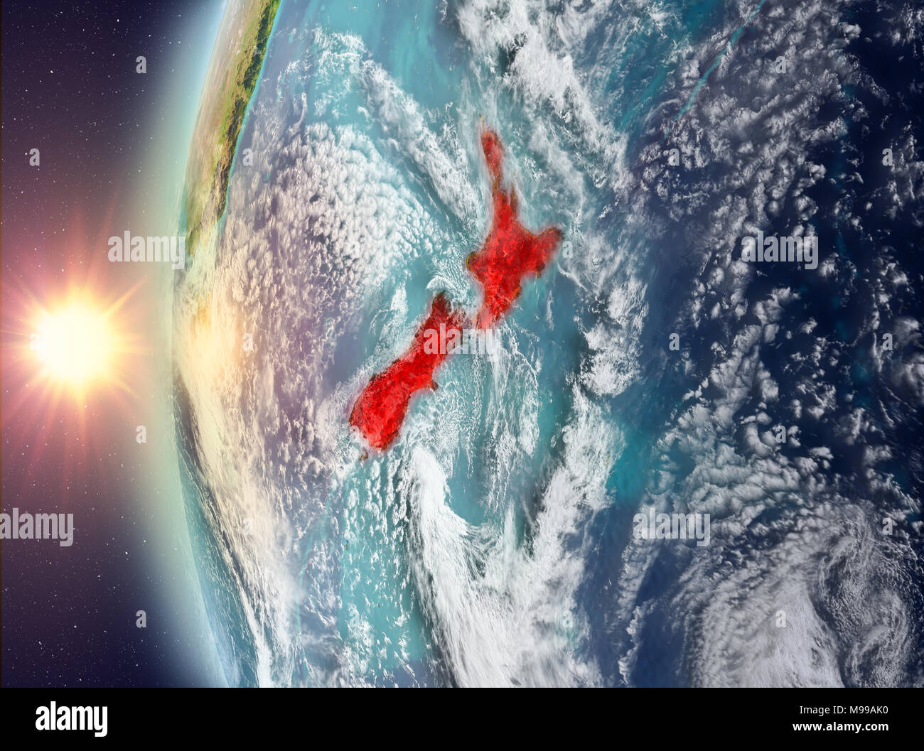 New Zealand as seen from space on planet Earth during sunset. 3D ...