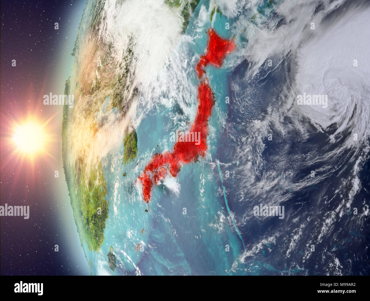Japan as seen from space on planet Earth during sunset. 3D illustration ...