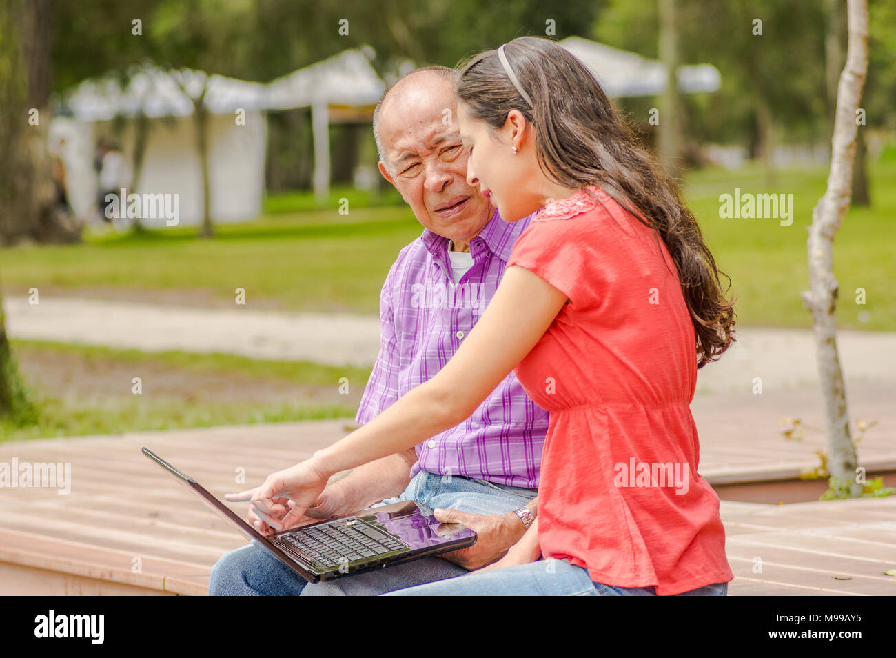 Father and daughter using a computer in the park Stock Photo - Alamy