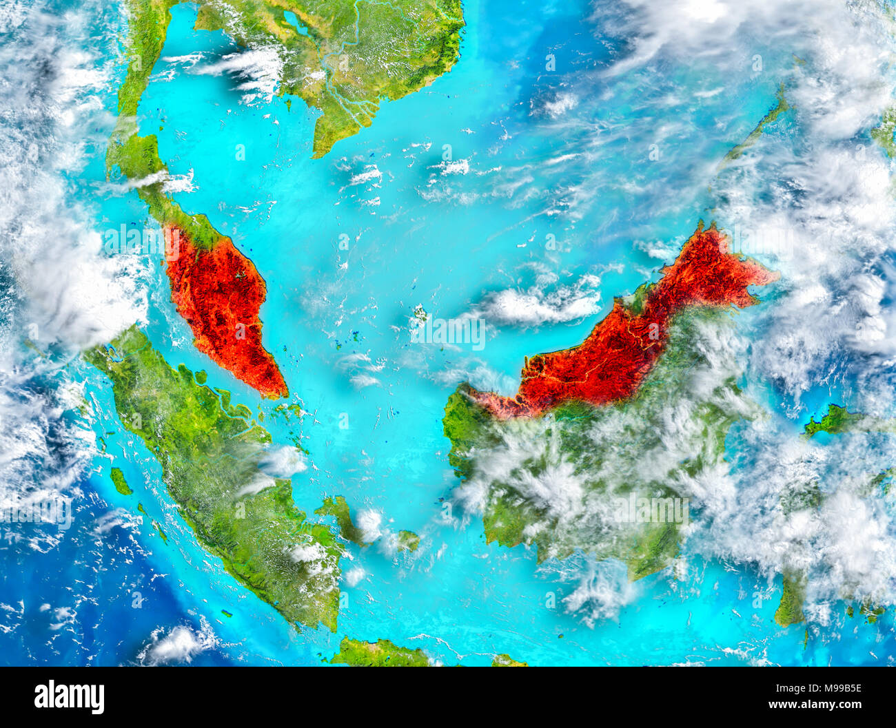 Malaysia highlighted in red on planet Earth. 3D illustration. Elements ...