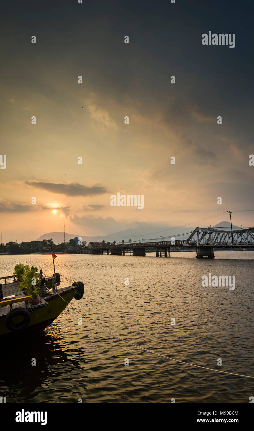 landmark old bridge and river at sunset in kampot cambodia Stock Photo ...