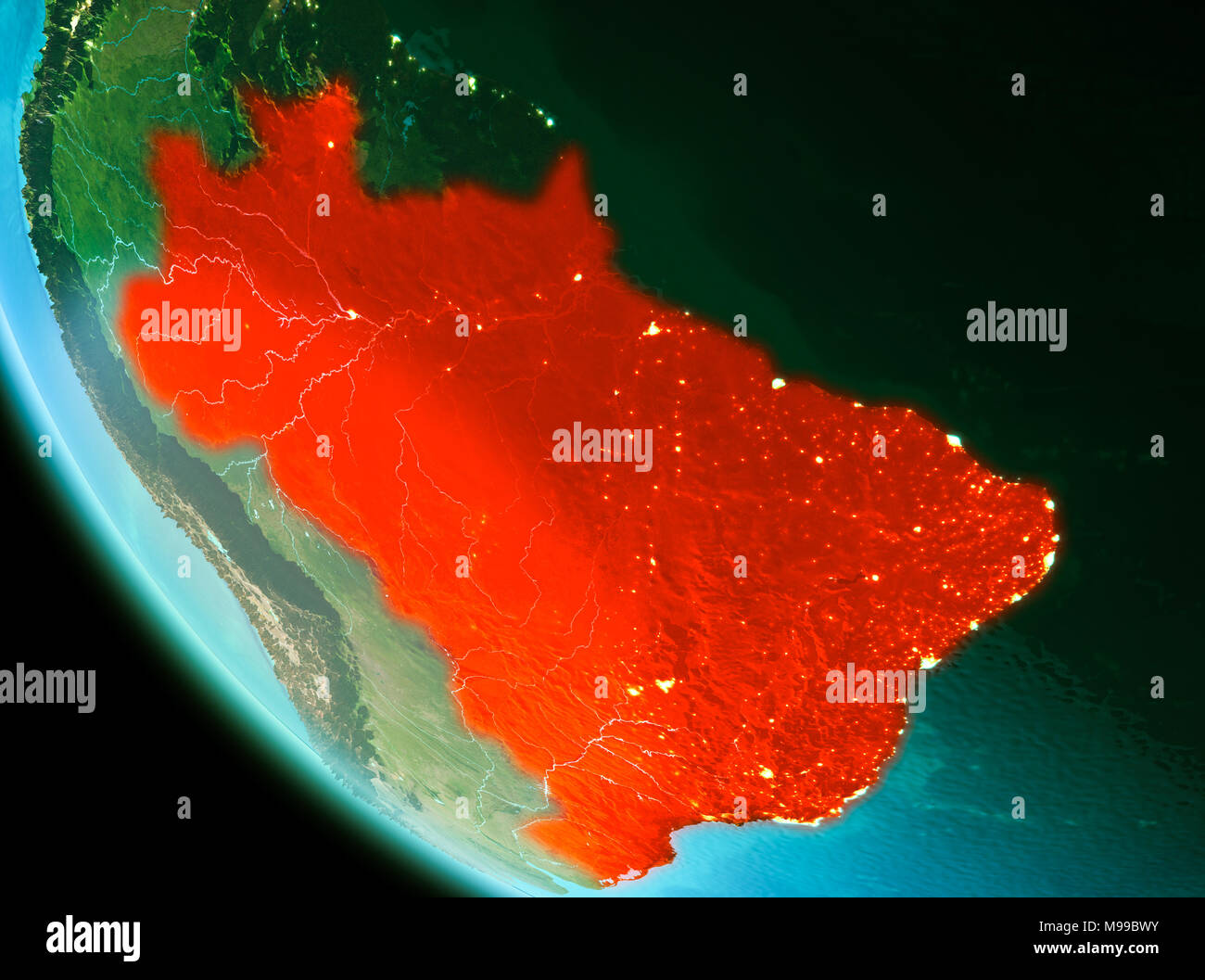 Country of Brazil in red on planet Earth in the evening. 3D ...