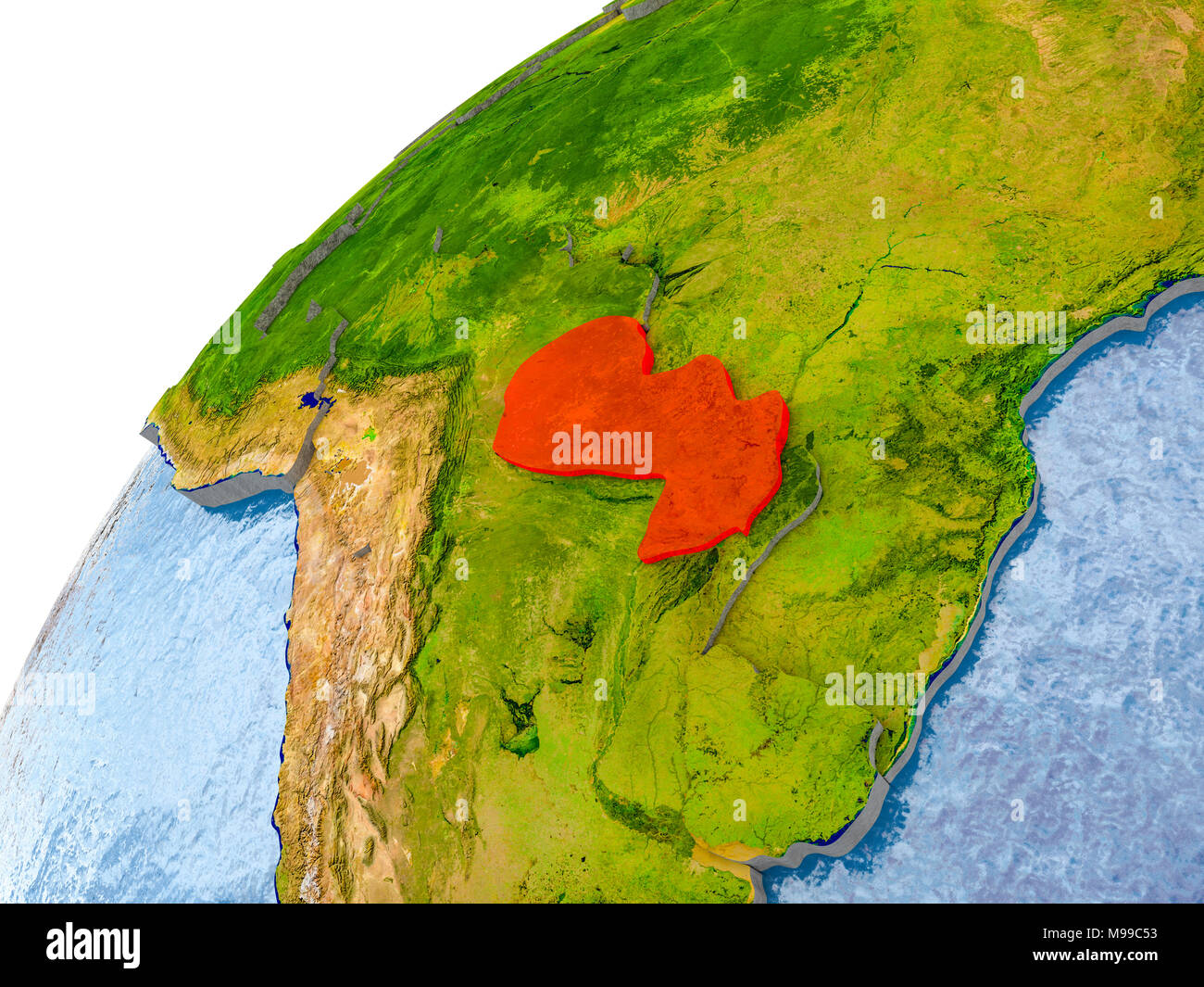 Paraguay on simple globe with visible country borders and realistic ...