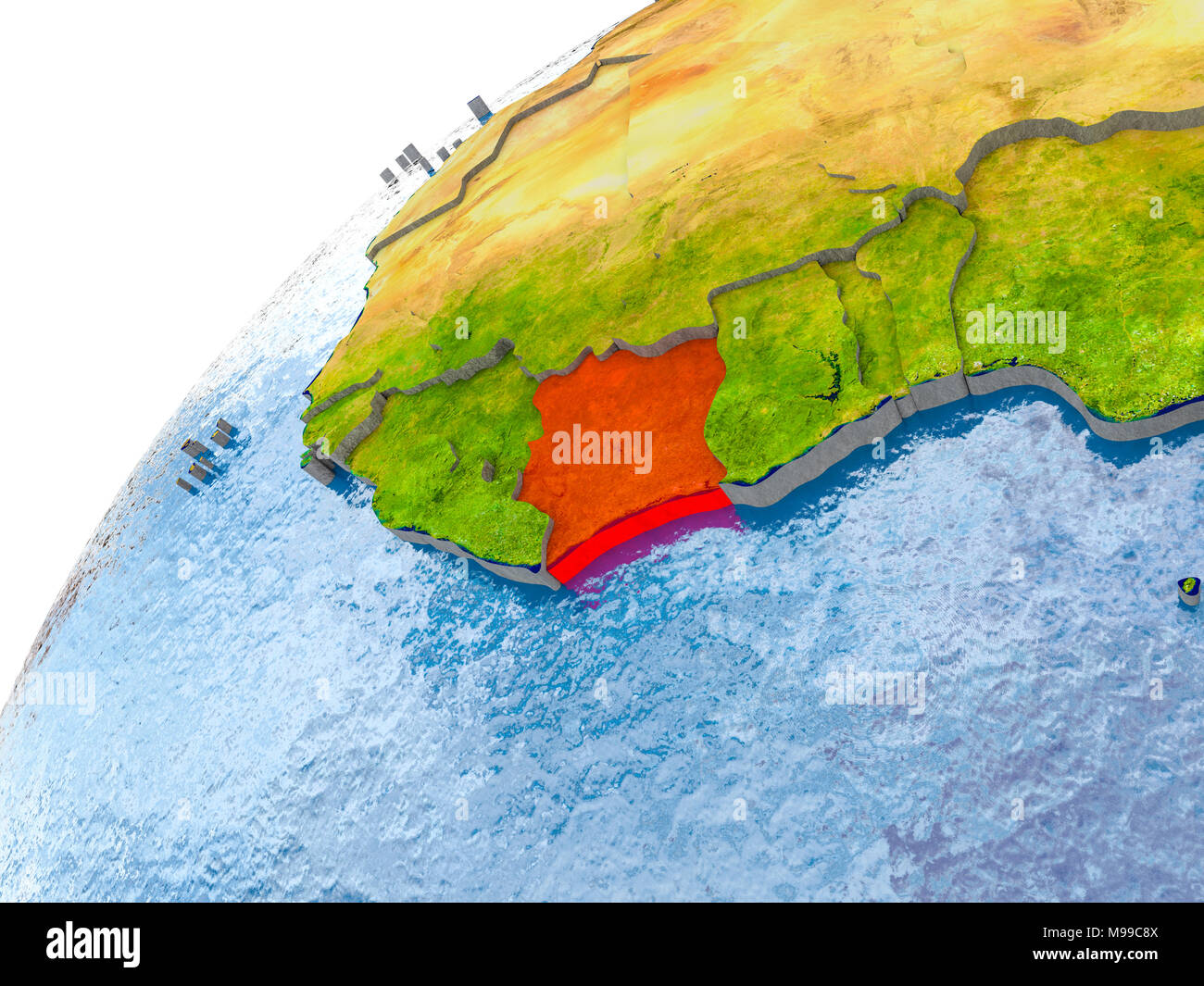 Ivory Coast on simple globe with visible country borders and realistic ...