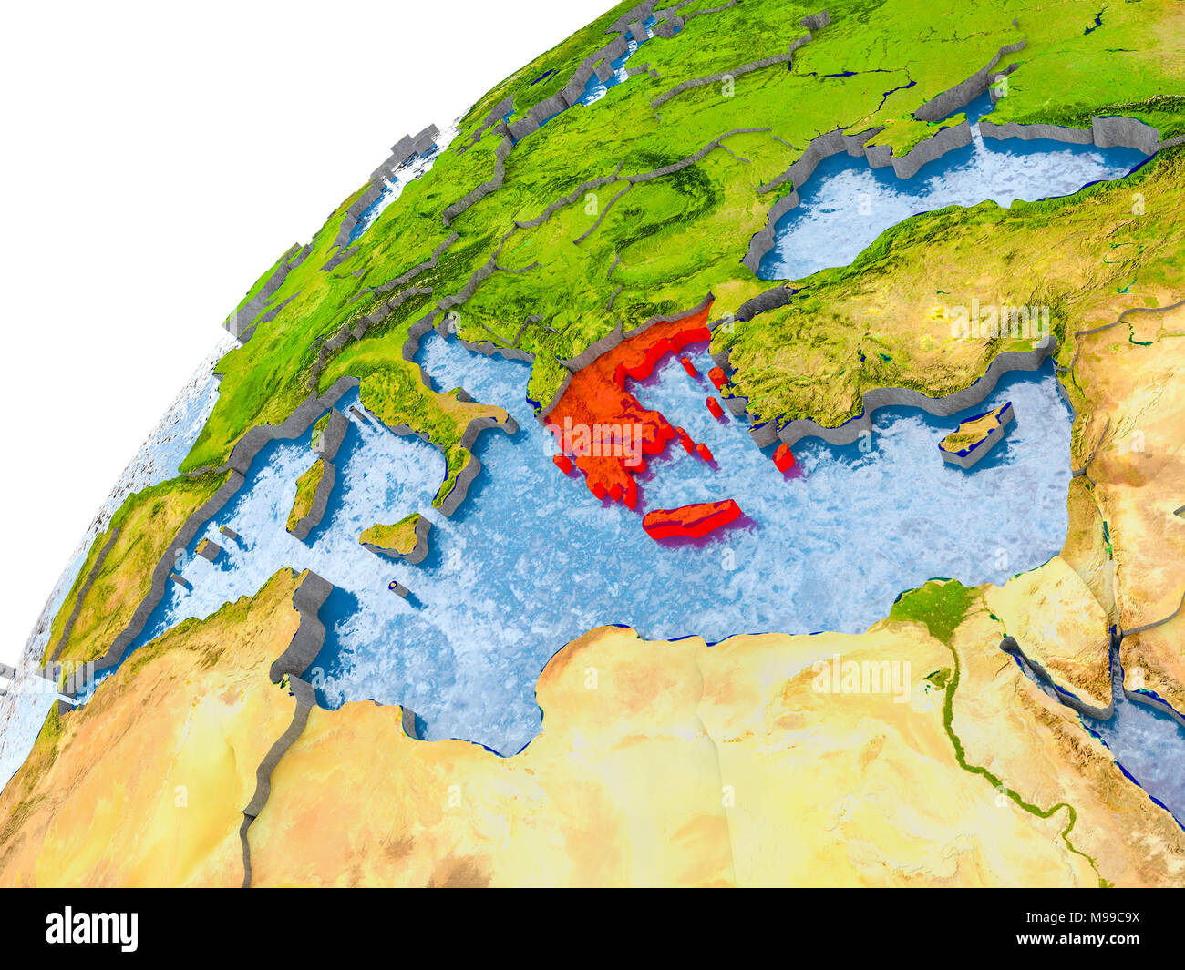 Greece on simple globe with visible country borders and realistic water ...