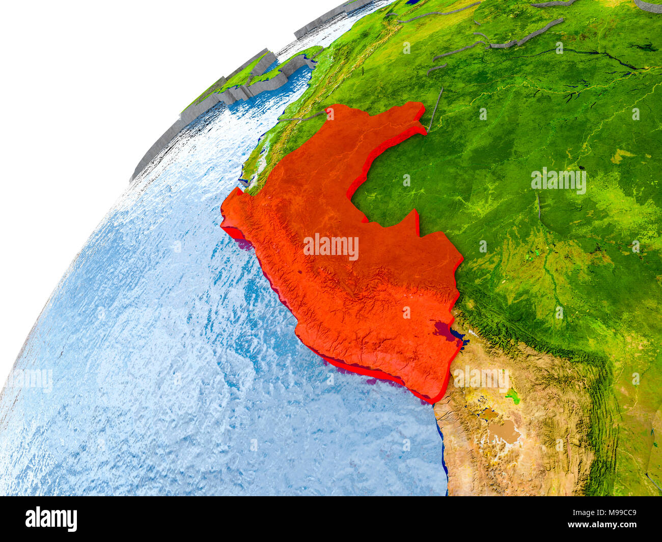 Peru on simple globe with visible country borders and realistic water ...