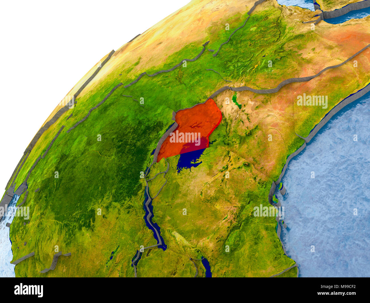 Uganda on simple globe with visible country borders and realistic water ...