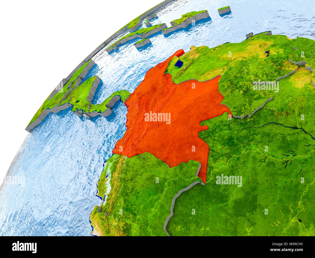 Colombia on simple globe with visible country borders and realistic ...