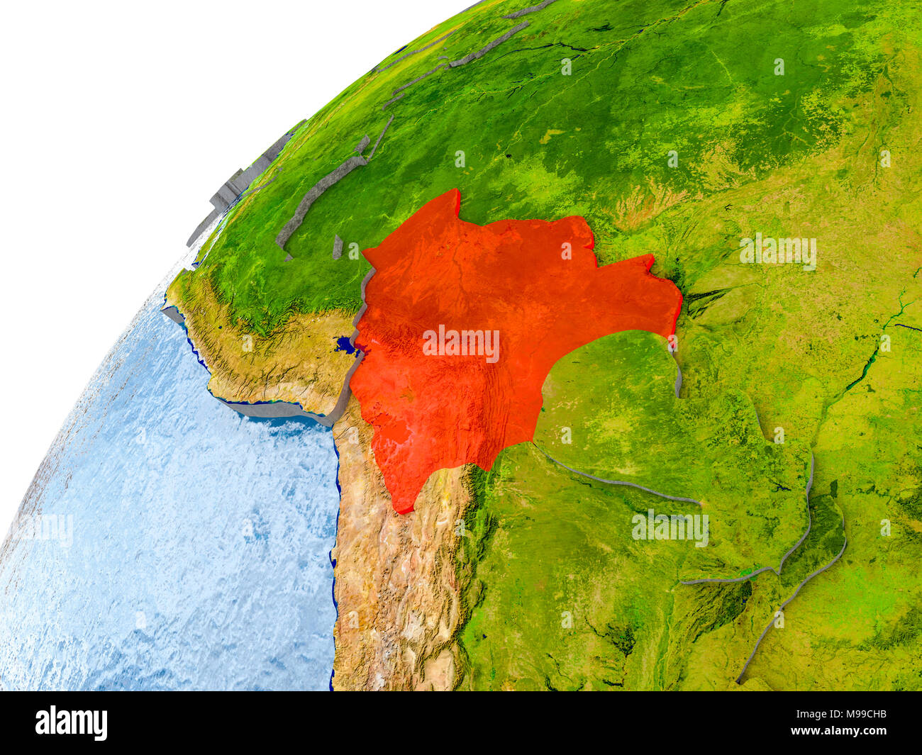 Bolivia on simple globe with visible country borders and realistic ...