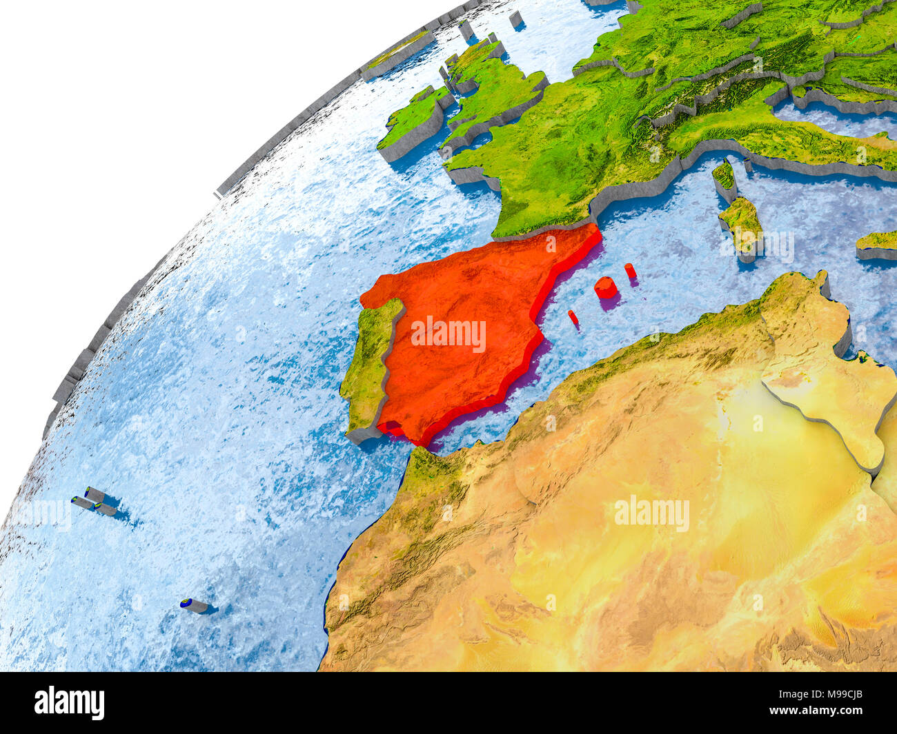 Spain on simple globe with visible country borders and realistic water ...