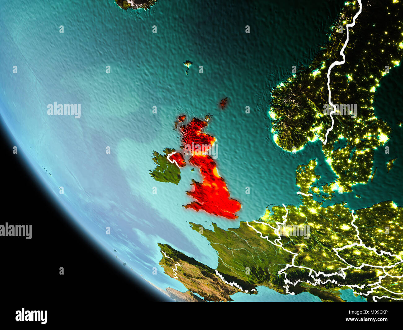 United Kingdom from orbit of planet Earth at night with highly detailed ...