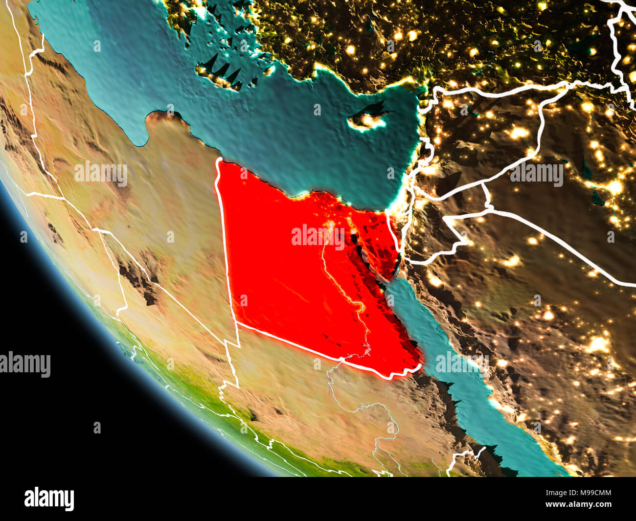 Egypt from orbit of planet Earth at night with highly detailed surface ...