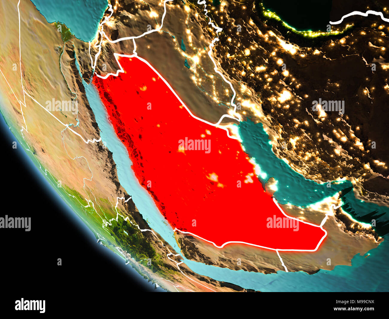 Saudi Arabia from orbit of planet Earth at night with highly detailed ...